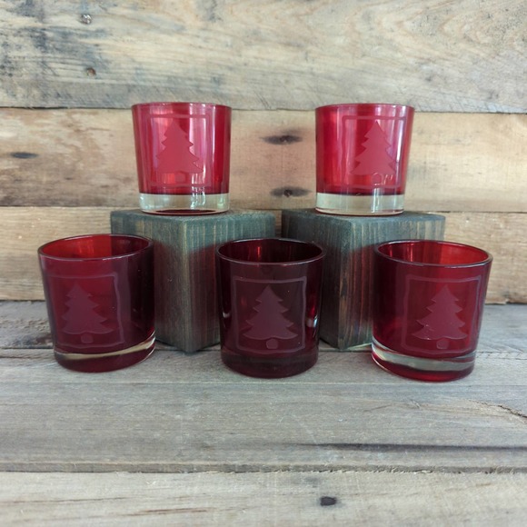 Source Unknown | Accents | Five Ruby Red Etched Glass Evergreen Tree ...